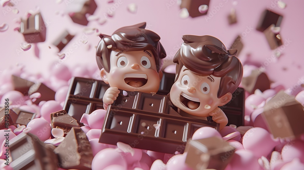 Cute cartoon characters enjoying chocolate bars amidst a whimsical ...