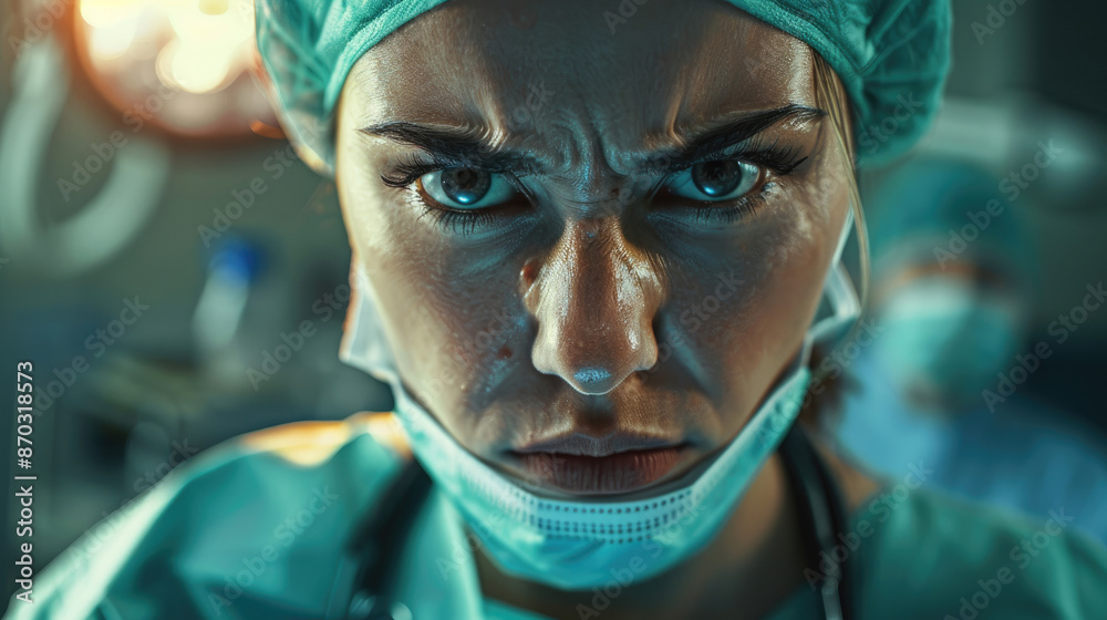 Face of middle-aged female doctor in operating room wearing surgical ...