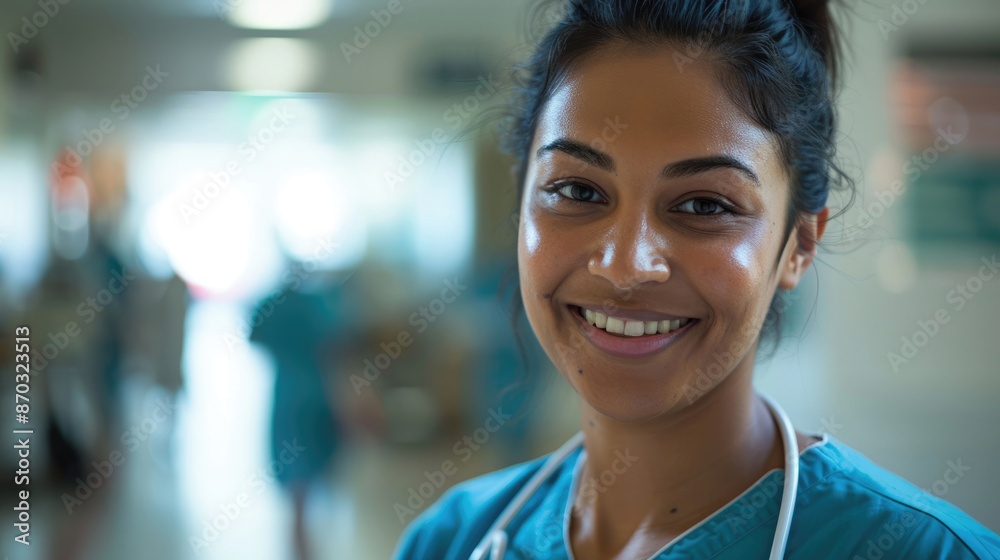 Calm female nurse smiling kindly looking wearing nursing scrubs looking ...