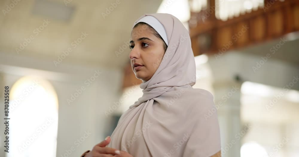 Woman, muslim and dua in mosque with hijab for gratitude, forgiveness ...