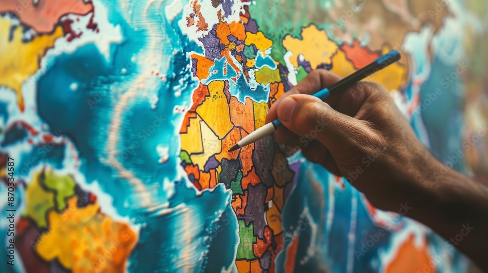 Artist's Hand Tracing World Map with Blue Pen Stock Illustration ...