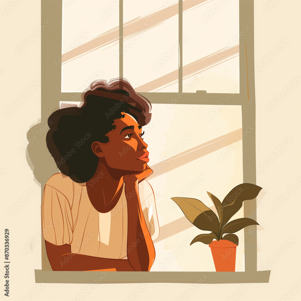 Flat illustration in square format of a black woman looking out of a ...