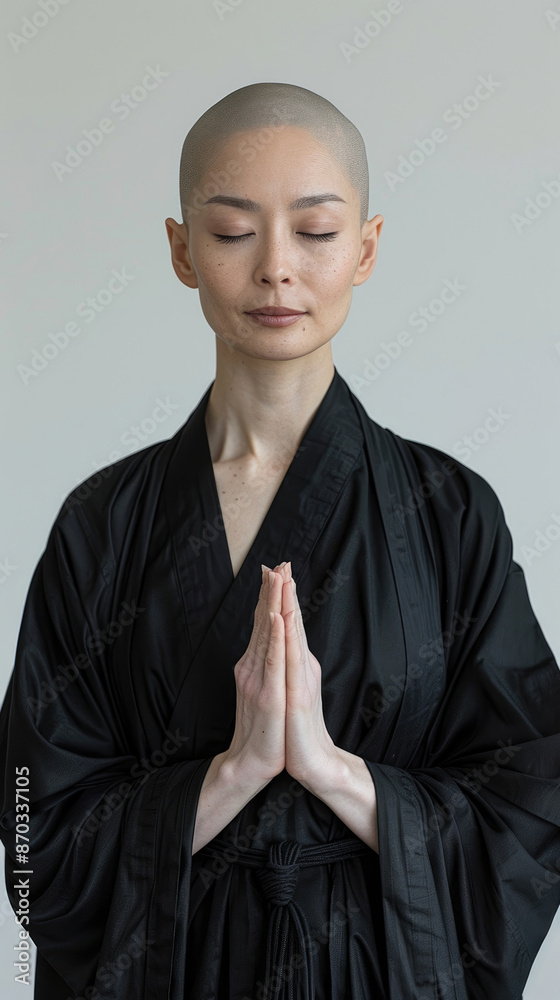 Middle aged female monk standing with praying pose and closed eyes ...