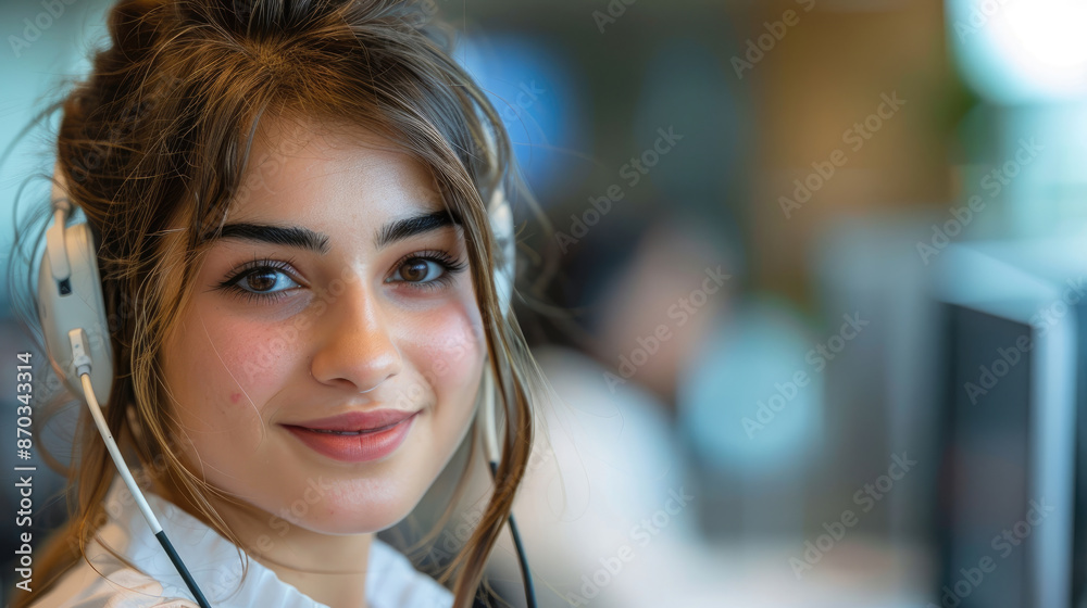 Friendly and beautiful Turkish girl wearing headset and microphone ...