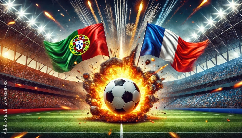 Portugal vs France football match, Portuguese flag, French flag ...