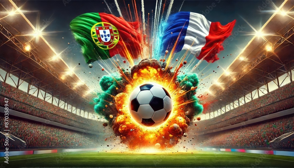 Portugal vs France football match, Portuguese flag, French flag ...