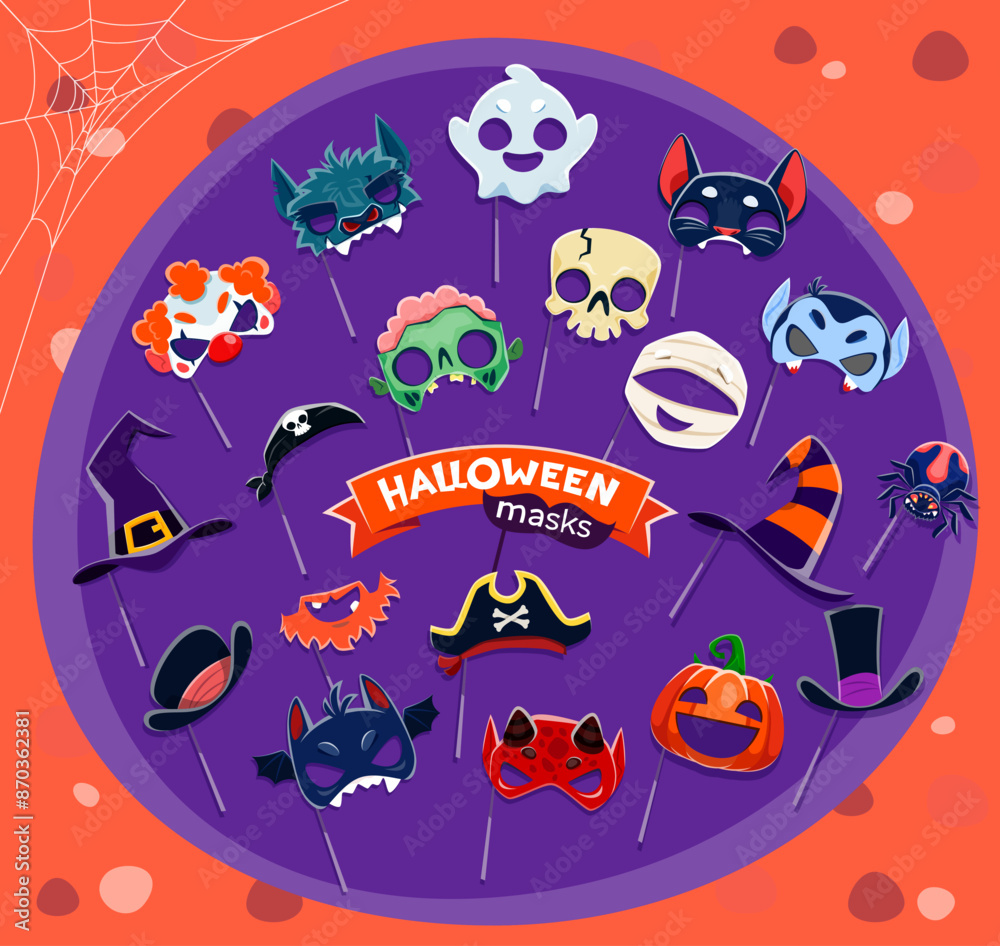 Halloween photo booth masks with props and cartoon scary characters ...