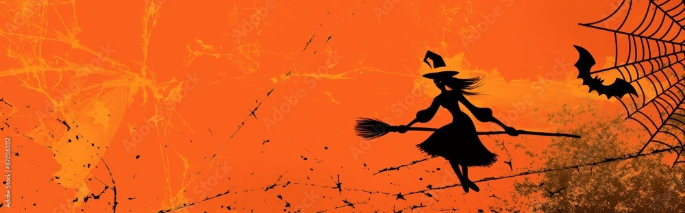 Minimalistic Halloween banner with silhouettes of a witch on a broom, a ...