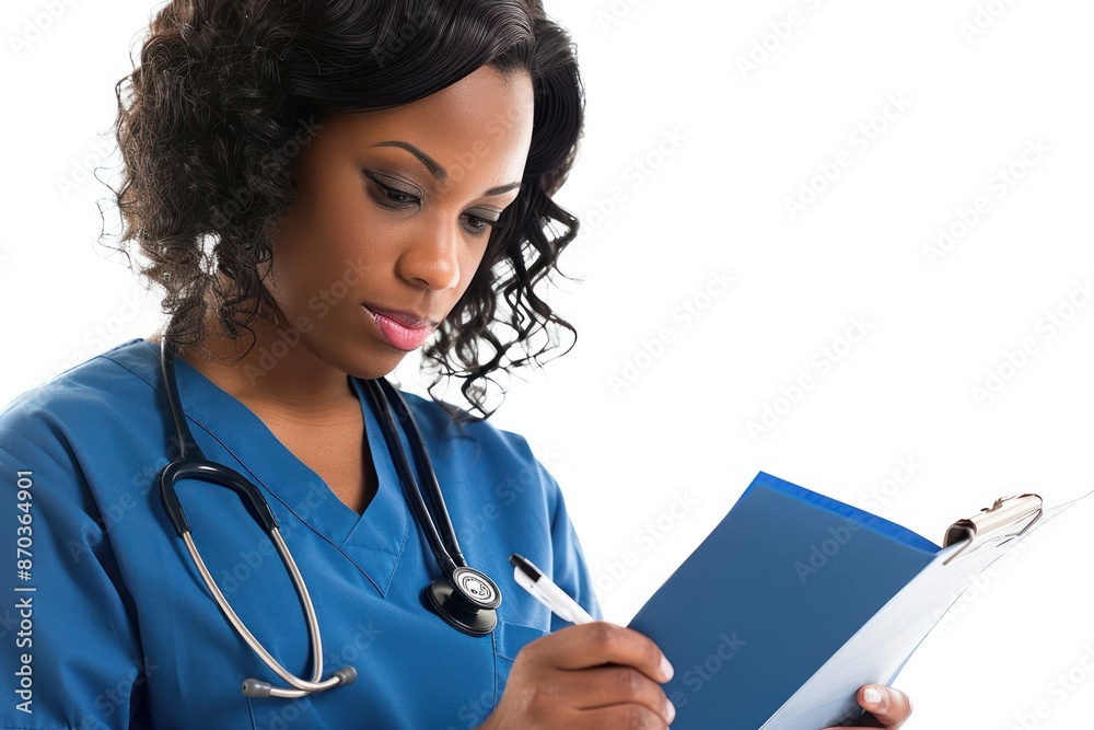 Nurse reading patient notes, thoughtful expression, Portrait half-body ...