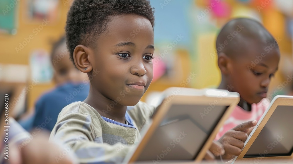 Black elementary student and his classmate learn on digital tablets ...