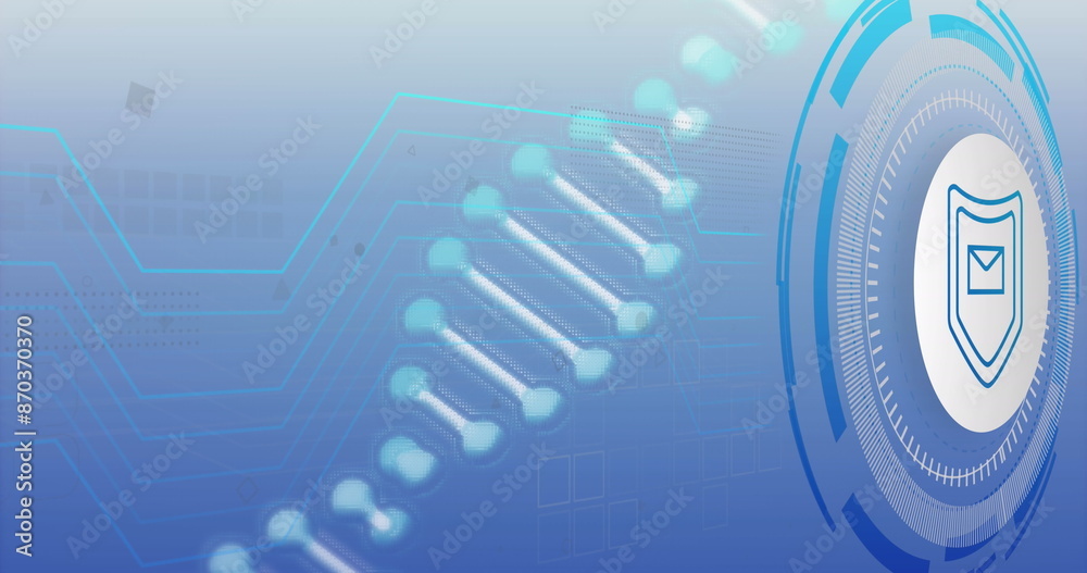 Image of dna helix, envelope in shield and loading circles over lines ...