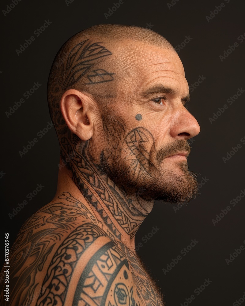 Profile of a bald man with full body tattoos, beard, posing against a ...