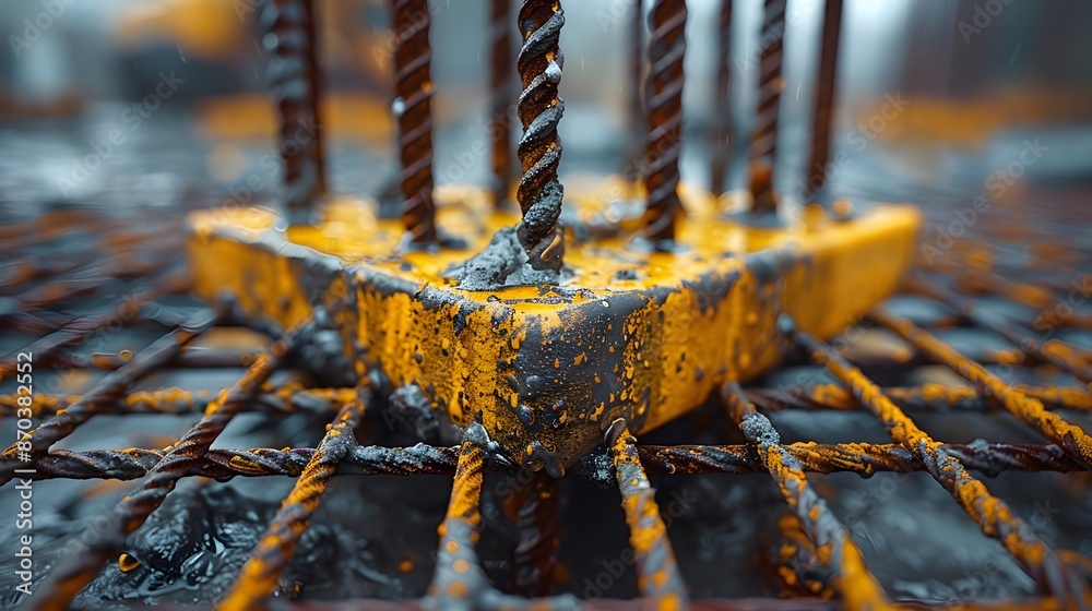 close-up of rebar embedded in a concrete foundation at a construction ...