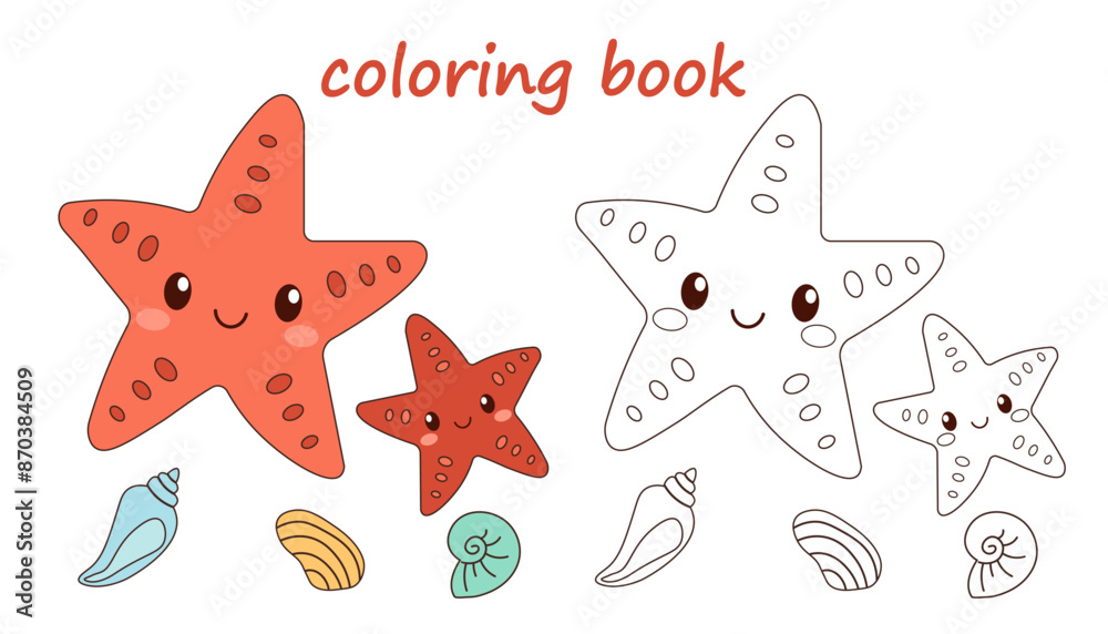 Coloring book with cute starfish and sea shells , Coloring page for ...