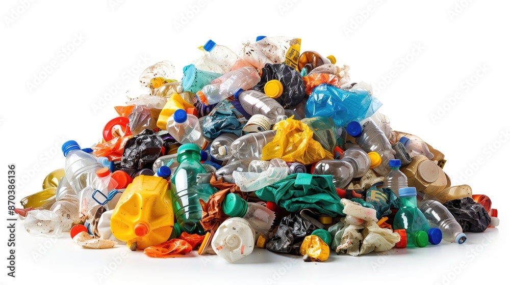 Large pile of mixed plastic waste, including bottles and containers ...