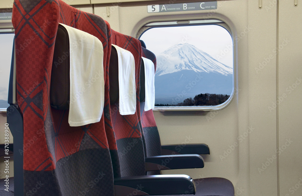 A seat on the Shinkansen with a view of Mount Fuji out the window ...