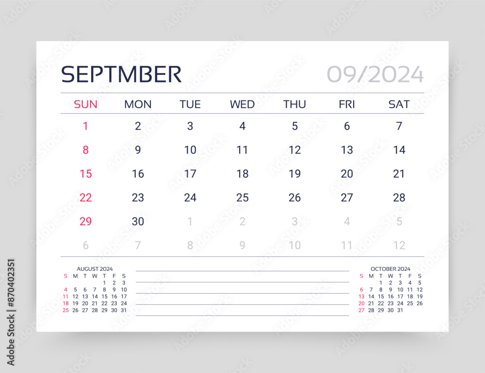 Calendar for September 2024 year. Planner calender template. Week ...