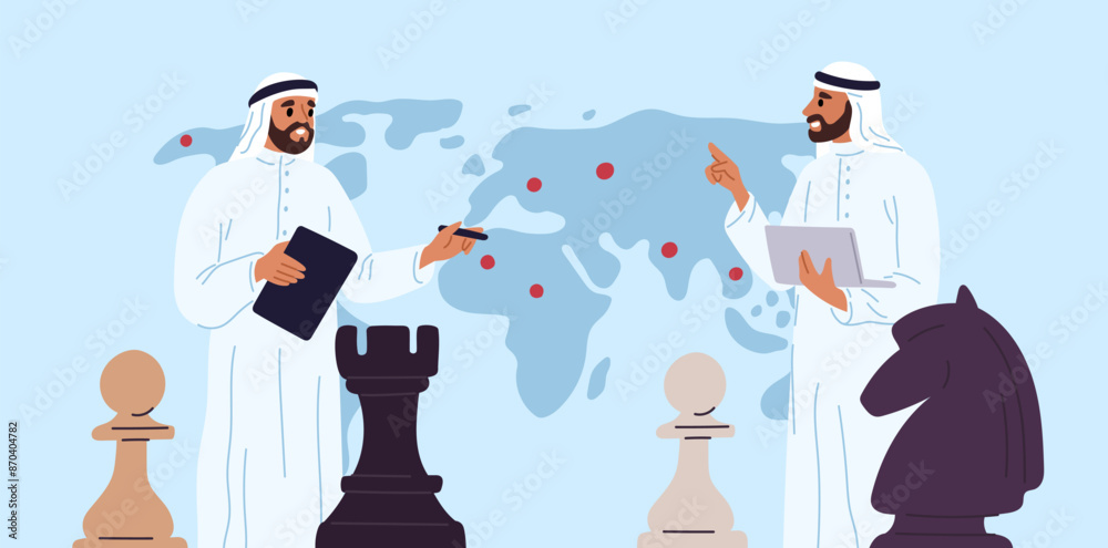 Arabic business people. Saudi men in traditional robes build strategy ...