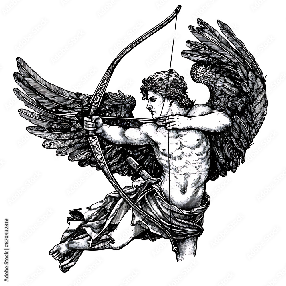 detailed black and white illustration of Cupid, the Roman god of love ...