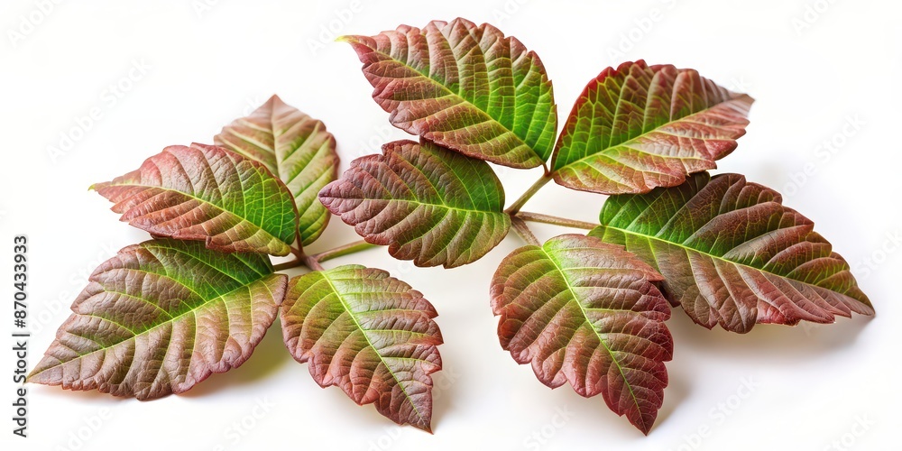 Close up view of poison oak leaves, isolated on a white background ...