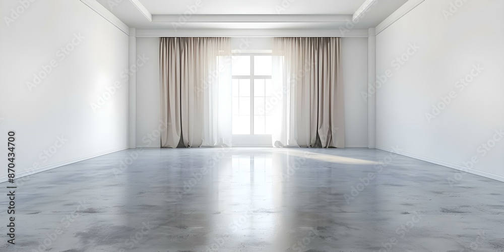 Empty room with white walls gray floor and beige curtains. Concept ...