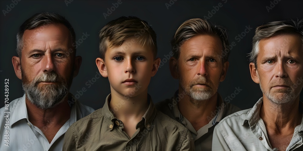 Portrait of male family members at different ages on dark background ...