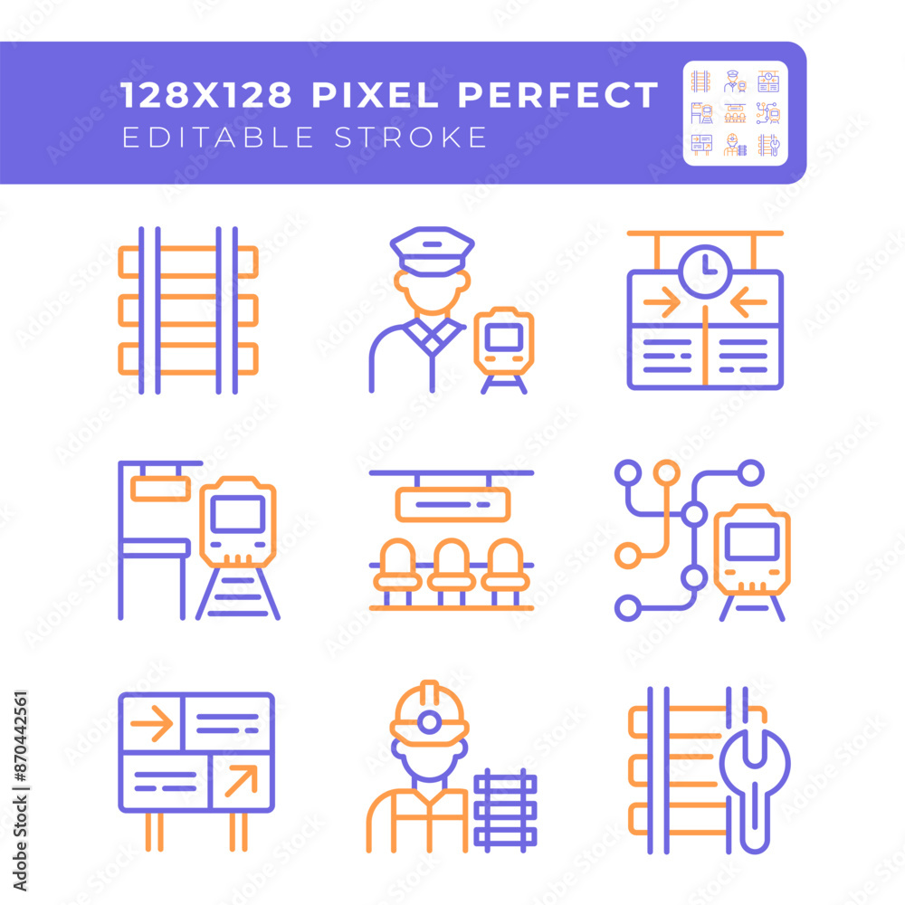 Railroad industry two color line icons set. Railway station. Passenger ...