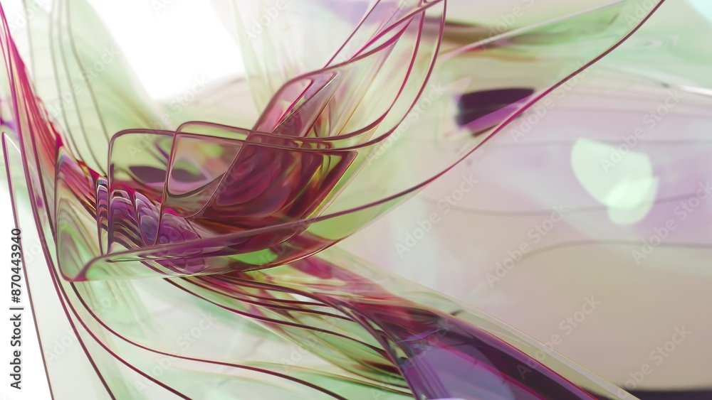 Artistic 3D animation of flowing, translucent shapes in green and pink ...