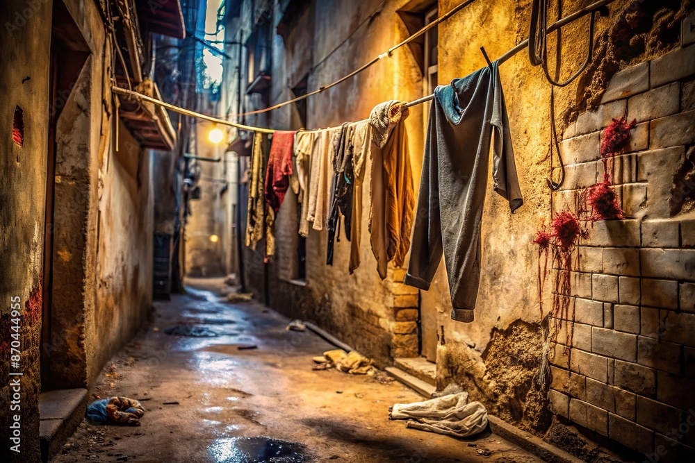 A dimly lit, rundown alleyway with a torn rope, scattered clothes, and ...