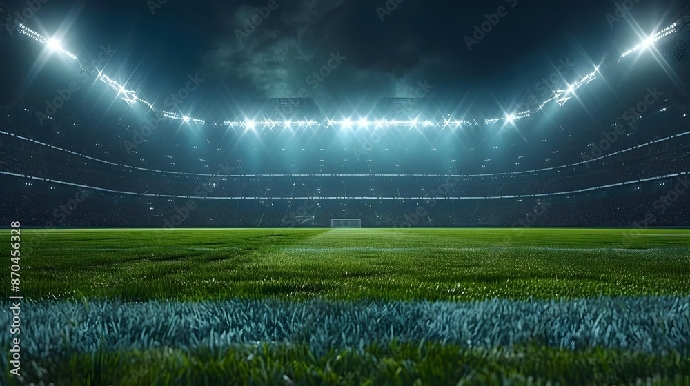 Illuminated Sports Stadium Field at Night with Empty Bleachers and ...