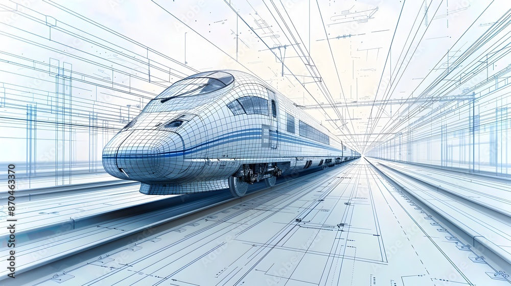 High Speed Train Infrastructure Blueprint on Minimal White Background ...