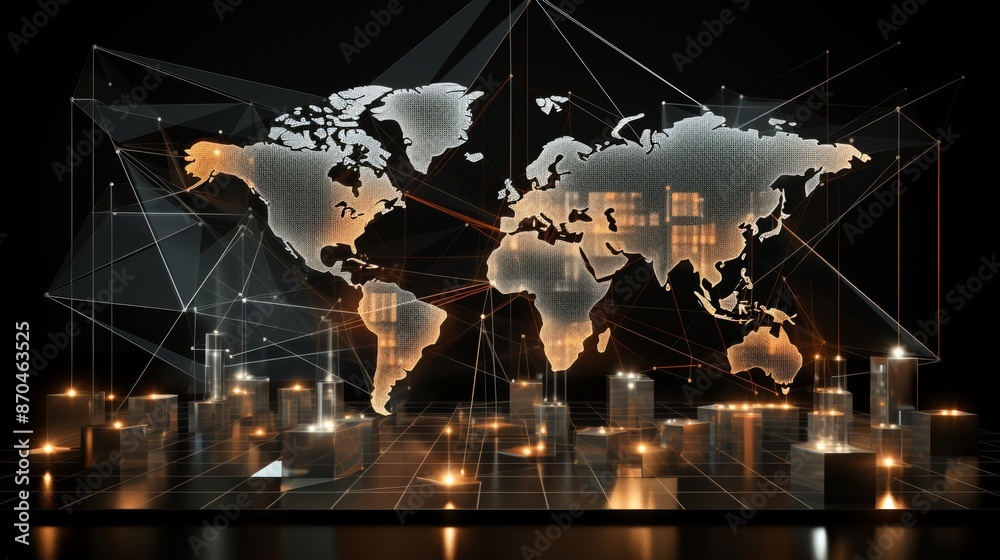 Global finance trends upward arrows, world map, forex chart on dark ...