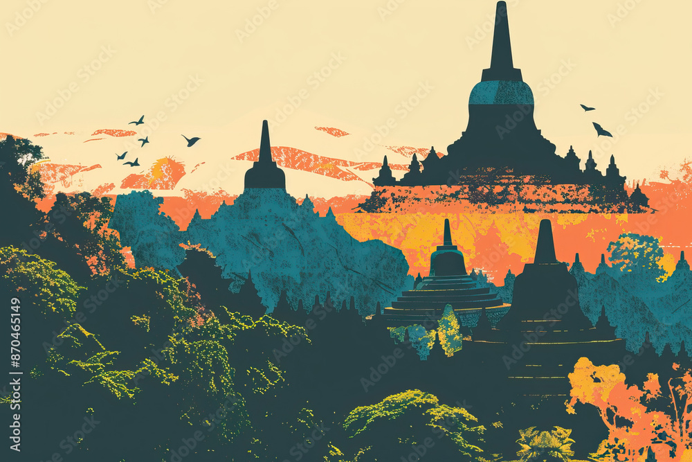 Risograph riso print travel poster, card, wallpaper banner illustration ...