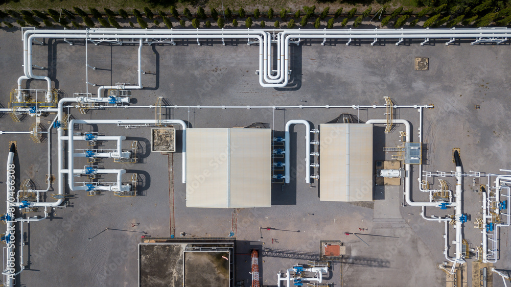 Aerial view natural gas pipeline, High pressure pipes gas plant ...