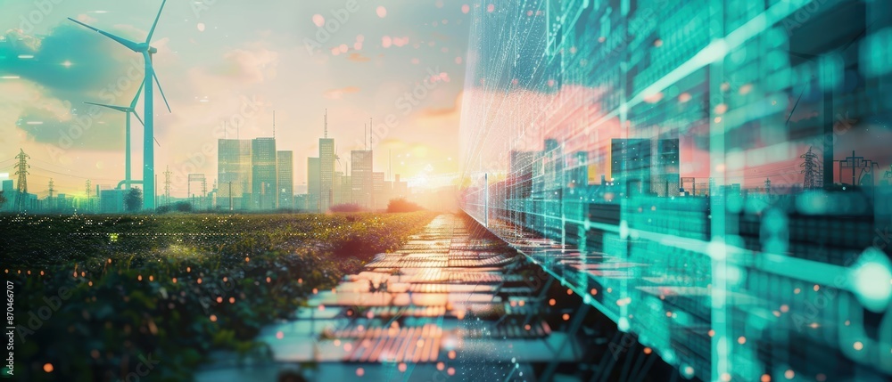 Pathway of solar panels and wind turbines through a digital landscape ...