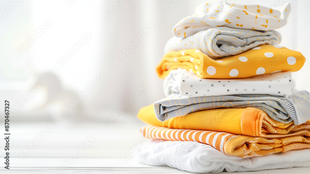 Stack of folded baby clothes and accessories,Laundry room interior with ...