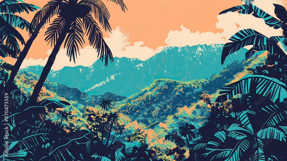 Risograph riso print travel poster, card, wallpaper banner illustration ...