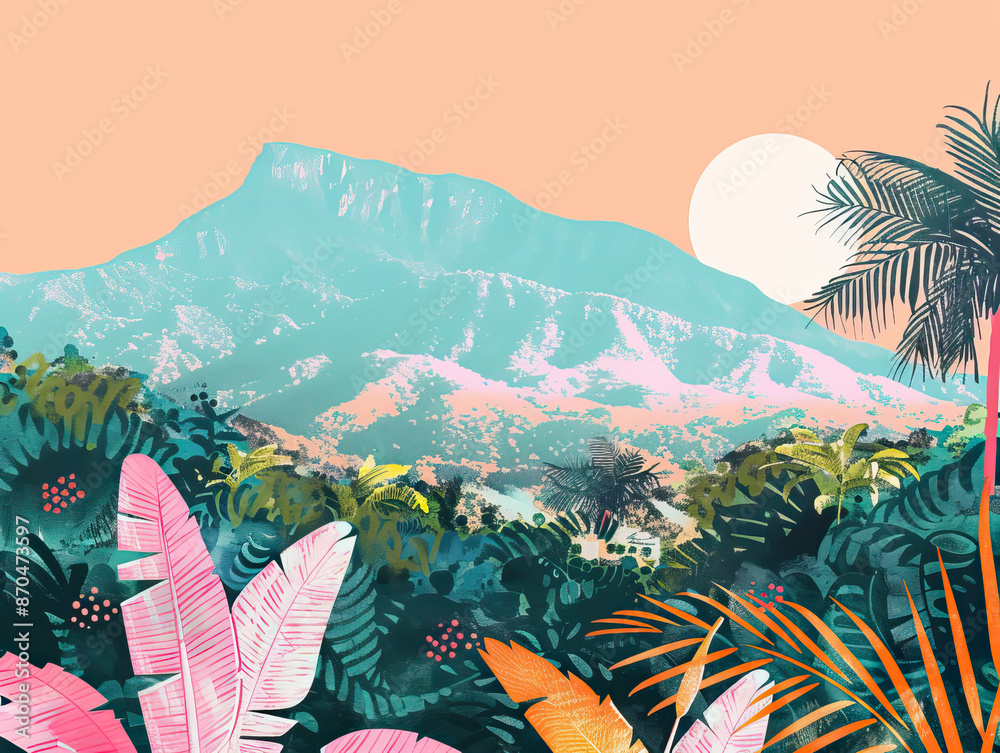 Risograph riso print travel poster, card, wallpaper banner illustration ...