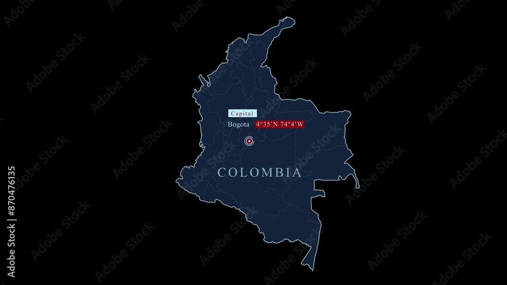Blue stylized Colombia map with Bogotá capital city and geographic ...