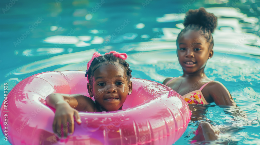 Two black girls in a swimming pool with a pink inflatable - Young ...