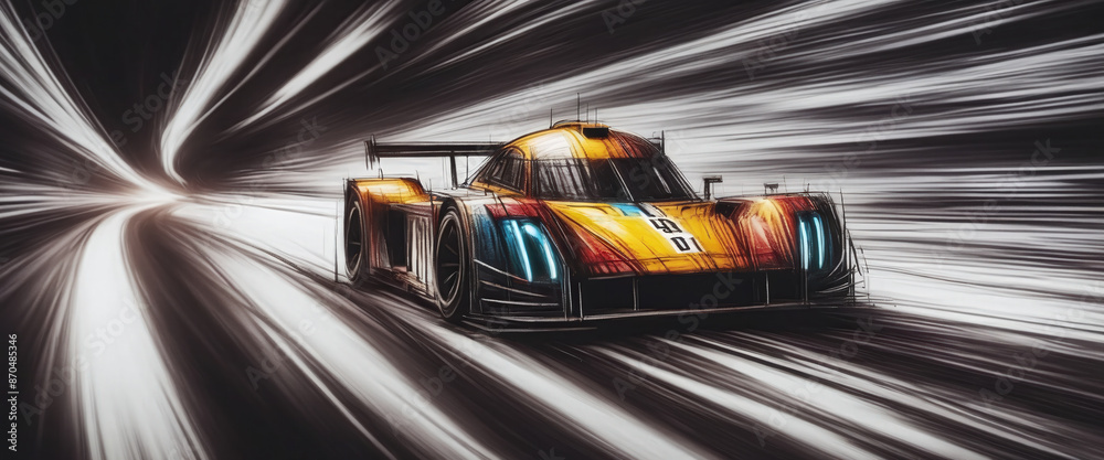 Graphic, colorful and very dynamic drawing of a racing car on the race ...