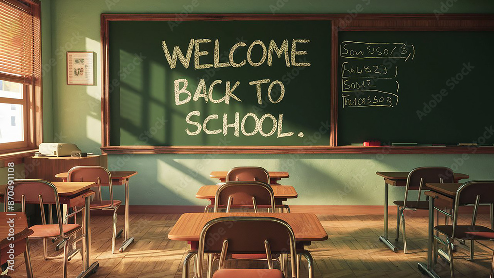 back view of classroom with sunlight from the window, empty chair and ...