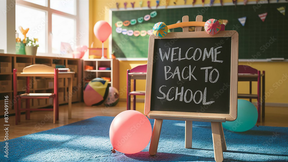 Kindergarten class new term welcome back to school concept, with kids ...