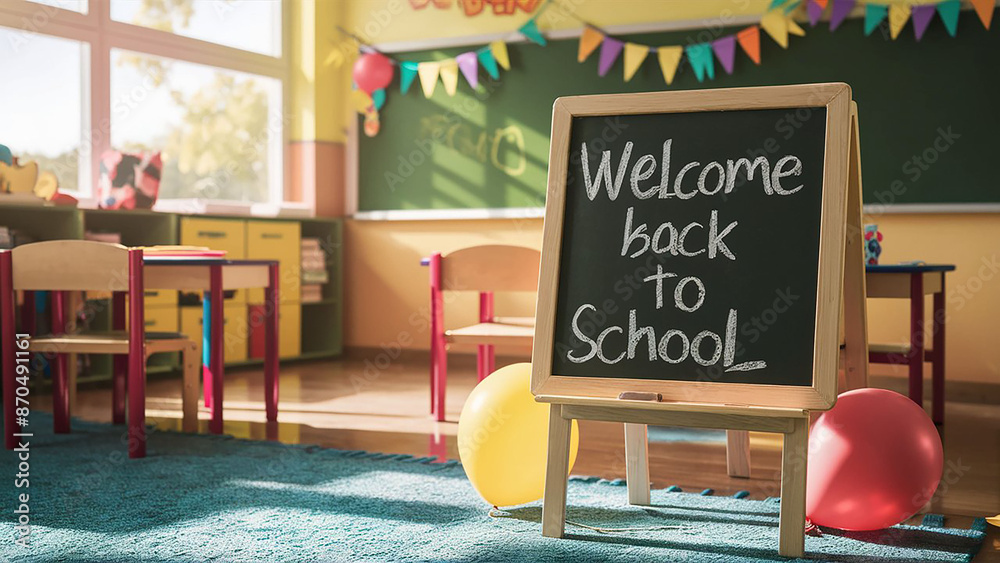 Kindergarten class new term welcome back to school concept, with kids ...