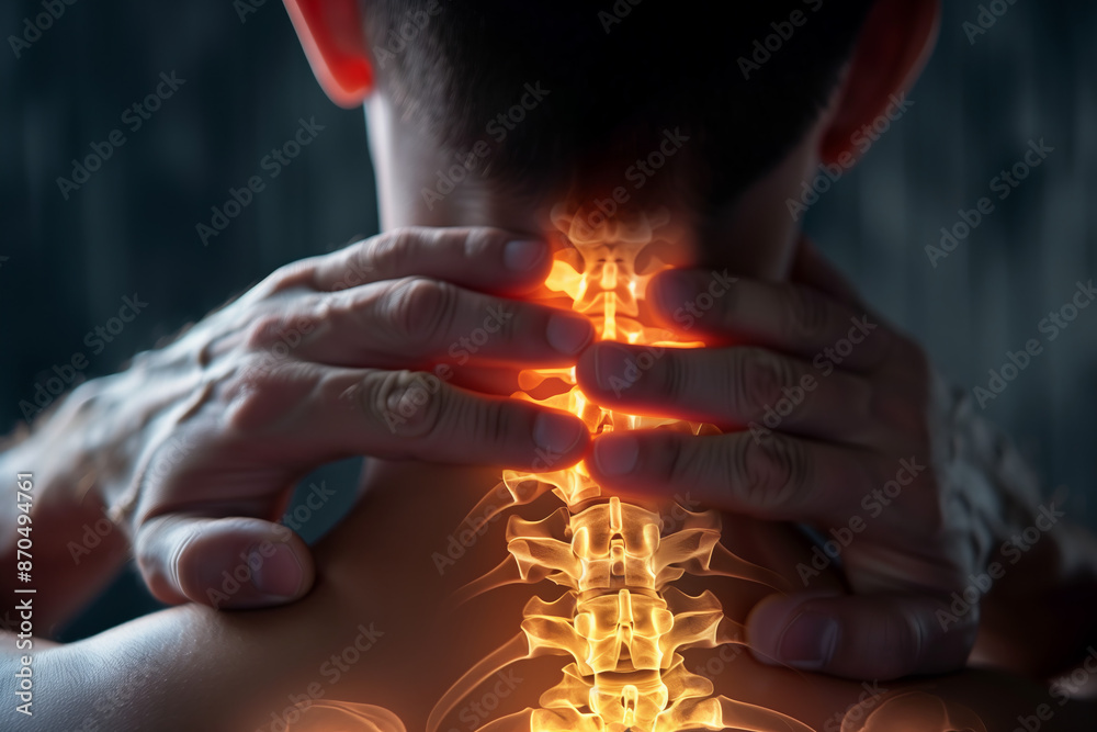 Man from behind holding his neck with hands, experiencing pain. Spine ...