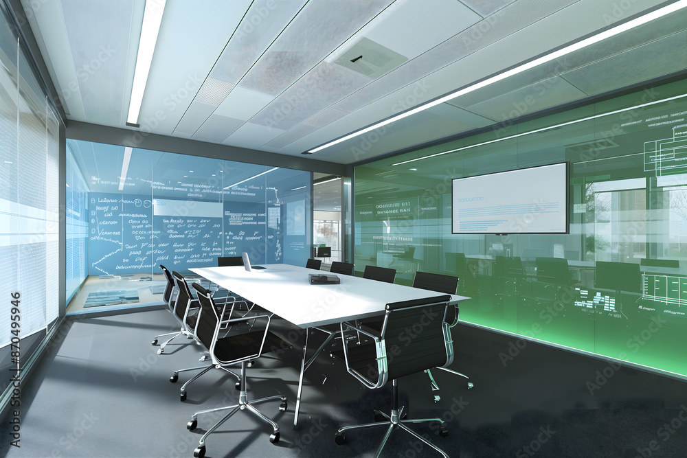 High-tech conference room large touch screen table chairs around ...