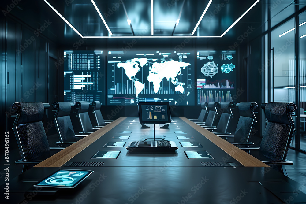 High-tech conference room large touch screen table chairs around ...