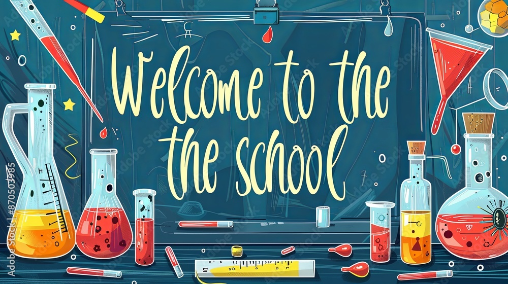 Colorful "Welcome to the School" banner set in a science lab with ...