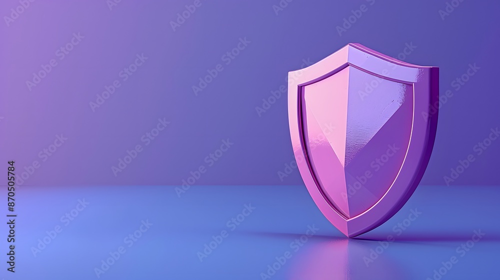Purple shield icon standing on a blue surface. Symbol of protection ...