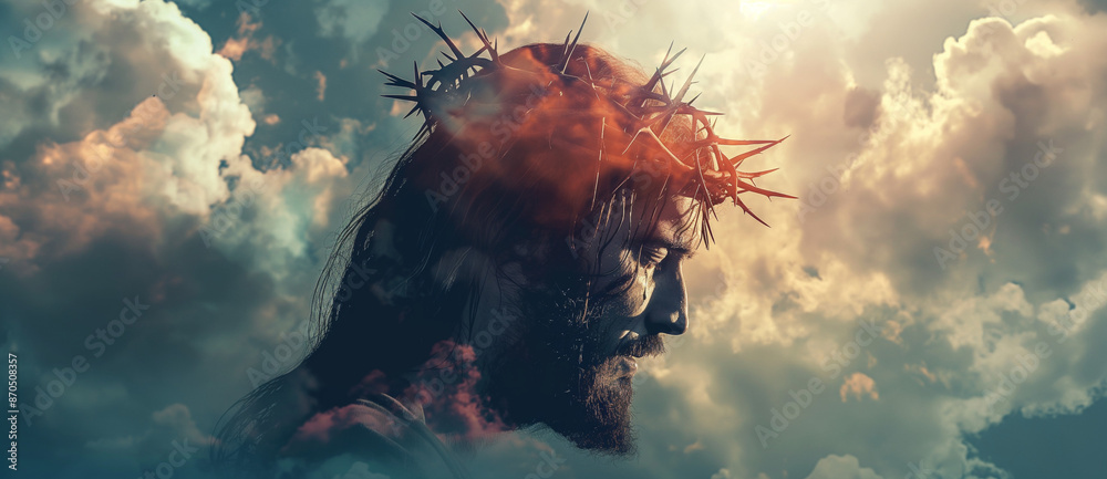 Jesus with crown of thorns and cross on his head, double exposure ...